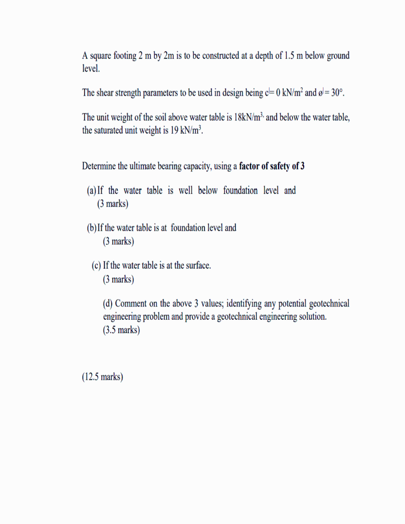 Solved A square footing 2 m by 2m is to be constructed at a | Chegg.com