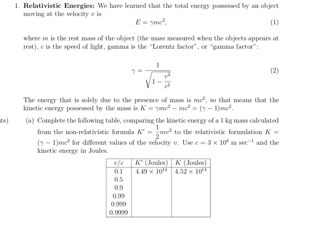 Solved 1. Relativistic Energies: We have learned that the | Chegg.com