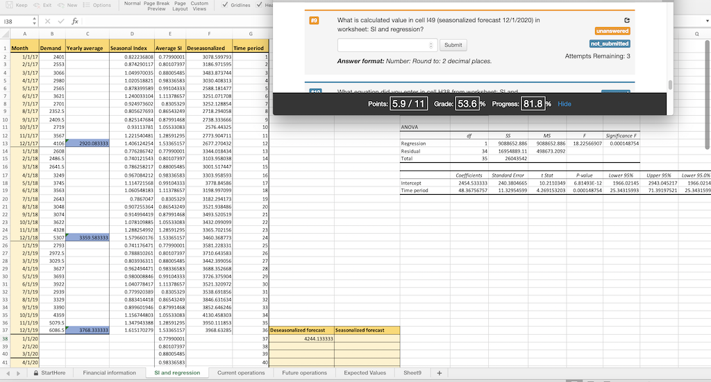 Solved What is calculated value in cell I49 (seasonalized | Chegg.com