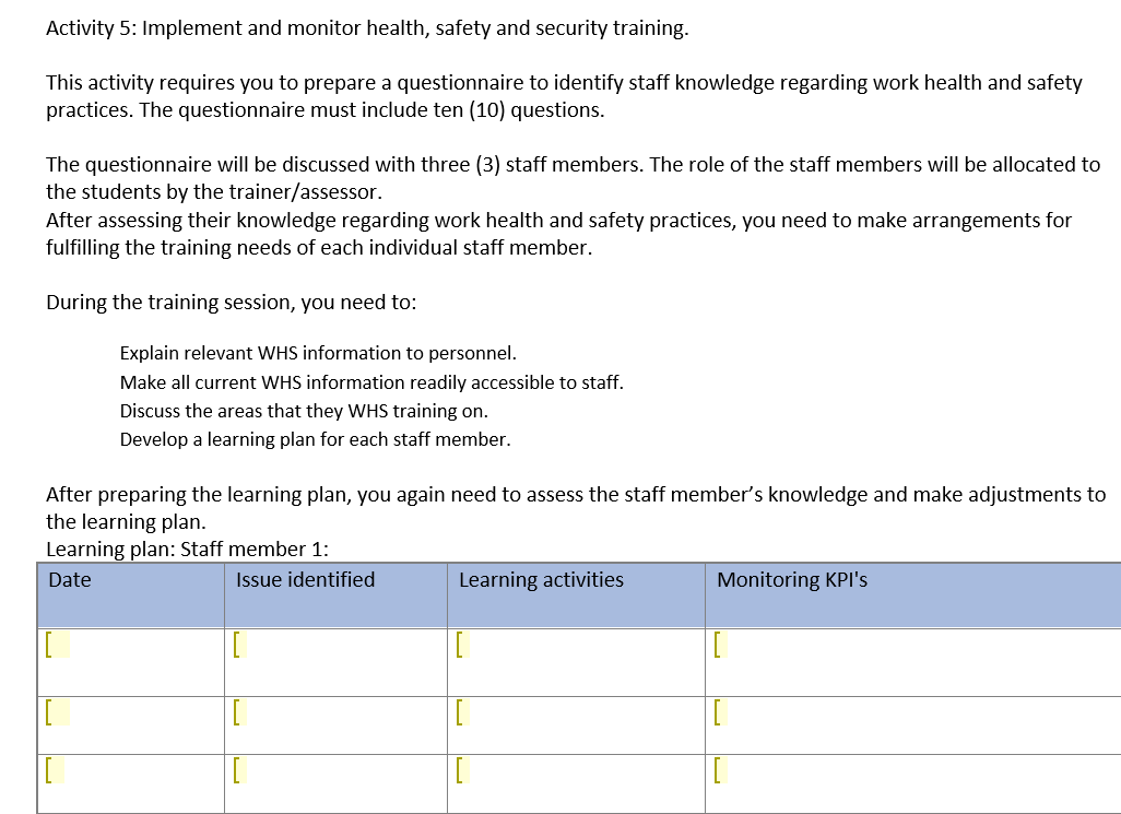 Solved Activity 5: Implement and monitor health, safety and | Chegg.com