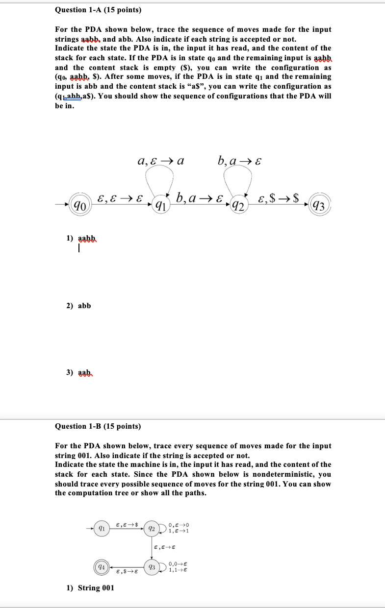 Solved Question 1-A (15 points) For the PDA shown below, | Chegg.com