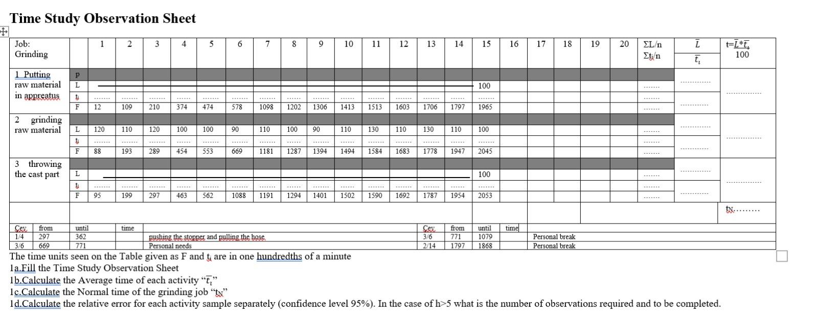 Time Study Observation Sheet 1 2 3 4 5 6 7 8 9 10 11 | Chegg.com