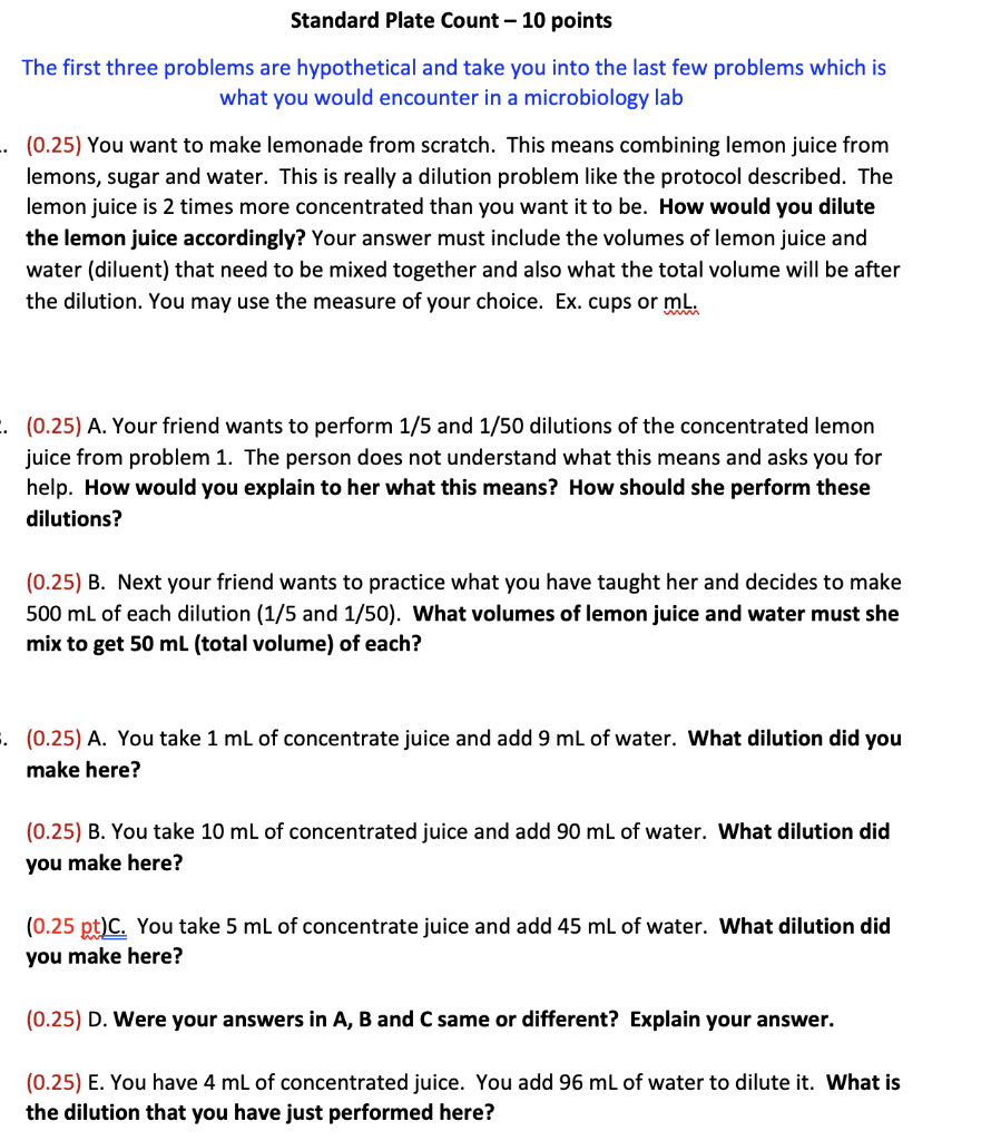Solved Standard Plate Count - 10 points The first three | Chegg.com