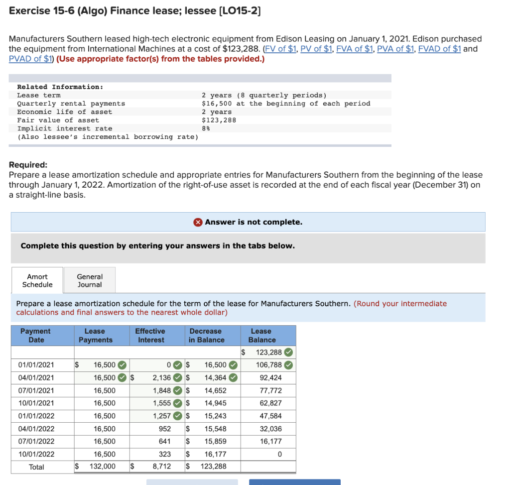 Solved Exercise 15-6 (Algo) Finance lease; lessee [LO15-2] | Chegg.com