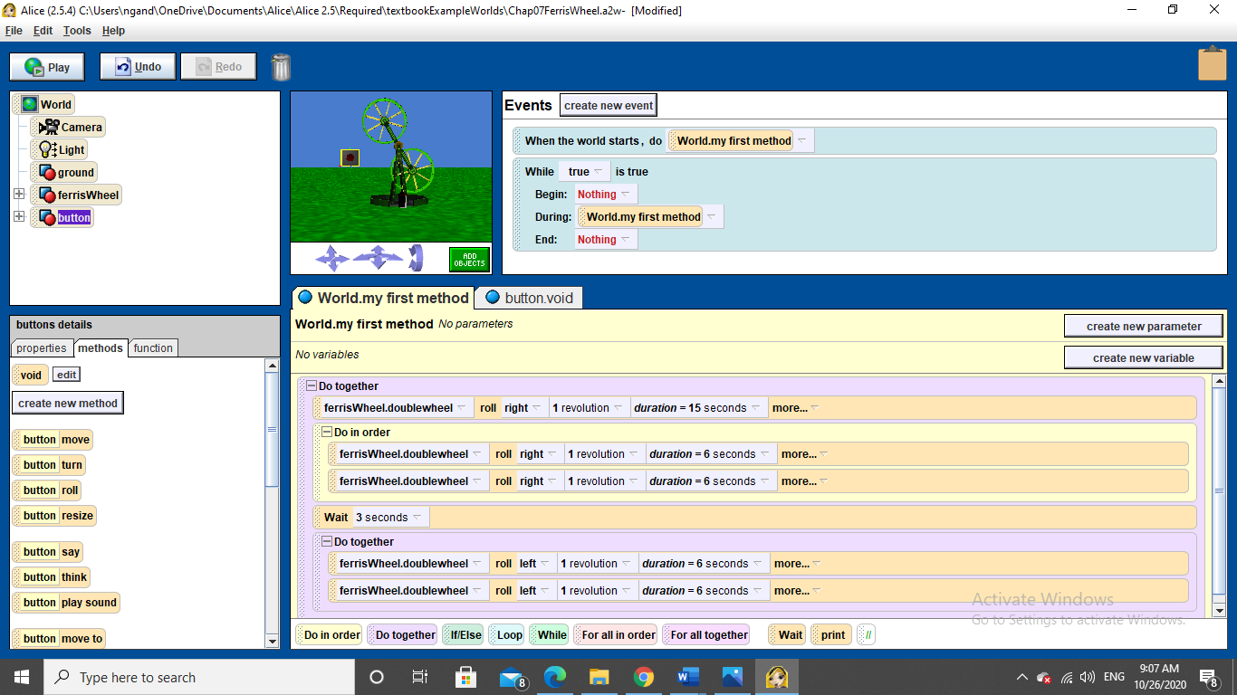 ALICE PROGRAMMING. condition should applied: Stop | Chegg.com