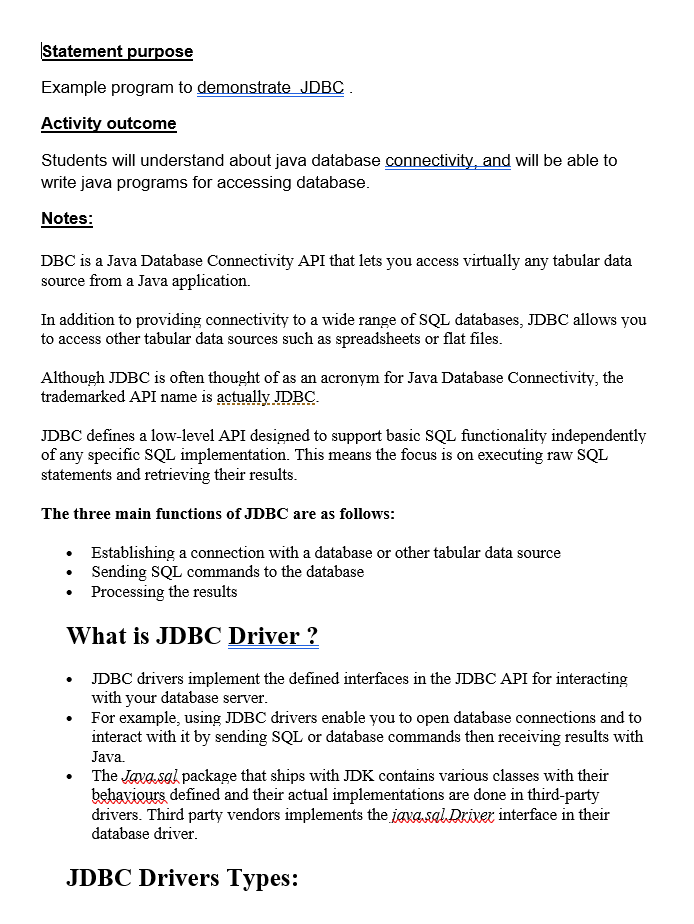 Solved Statement purpose Example program to demonstrate JDBC | Chegg.com