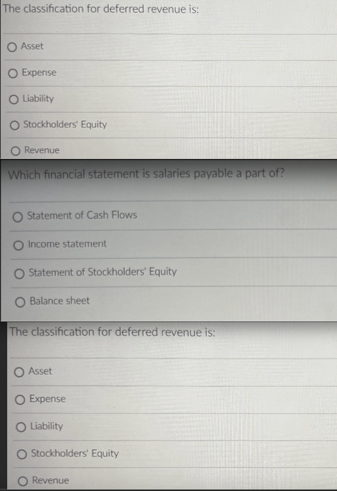 Solved The classification for deferred revenue is: Asset O | Chegg.com