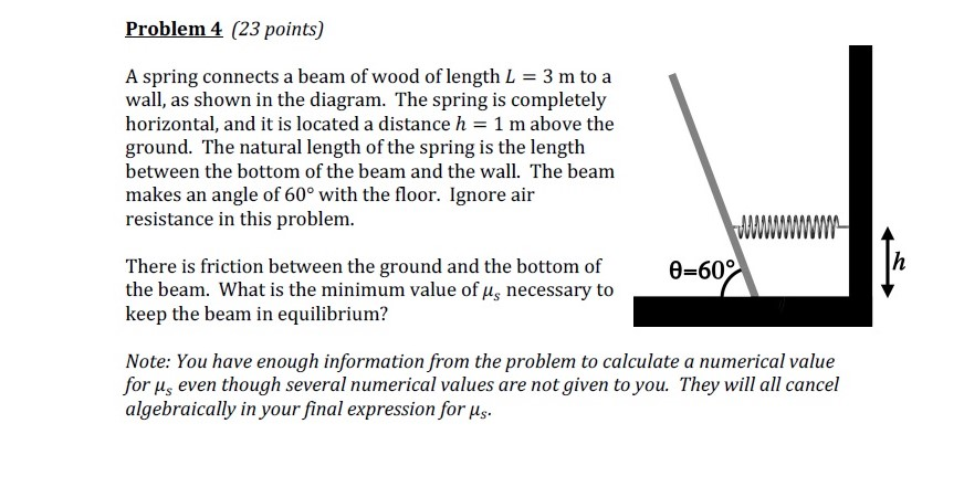 Solved Problem 4 (23 points) A spring connects a beam of | Chegg.com