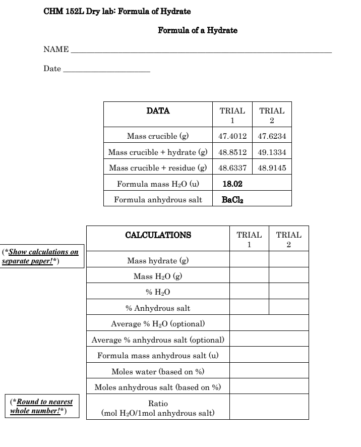 Solved CHM 152L Dry lab: Formula of Hydrate Formula of a | Chegg.com