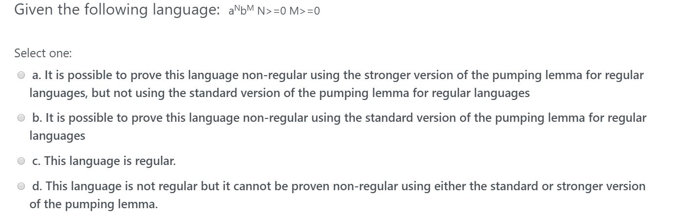 Solved Given the following language: abM N>=0 M>=0 Select | Chegg.com