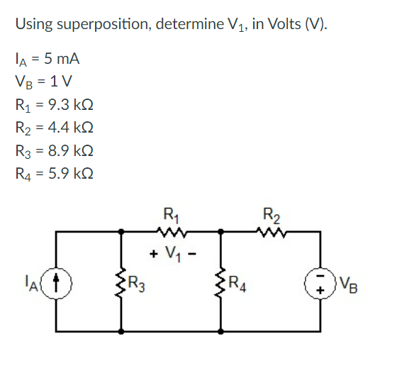 Solved Using superposition, determine V1, in Volts (V). IA=5 | Chegg.com