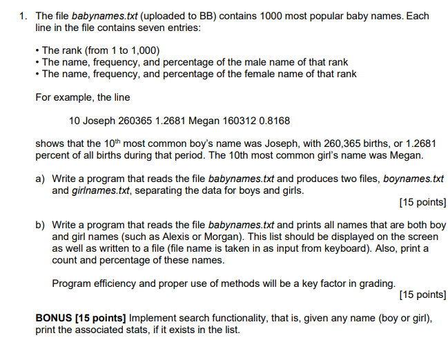 Solved 1. The file babynames.txt (uploaded to BB) contains | Chegg.com