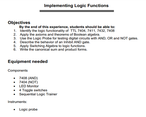 Solved Implementing Logic Functions Objectives By the end of | Chegg.com