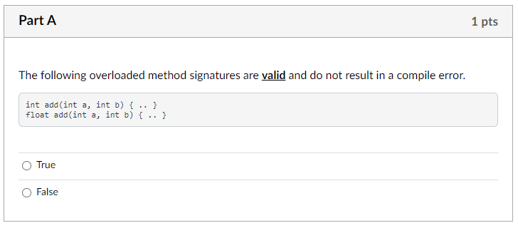 Solved Part A 1 pts The following overloaded method | Chegg.com