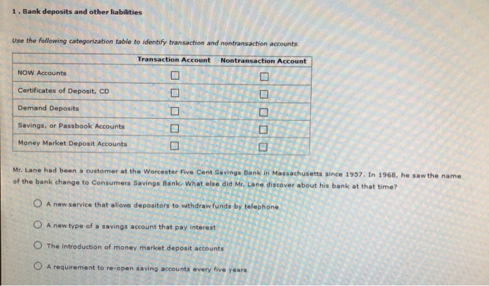 Solved 1. Bank deposits and other liabilities Use the | Chegg.com