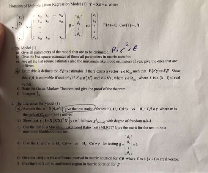 Solved Notation of Multiple Linear Regression Model ( 1 ): | Chegg.com