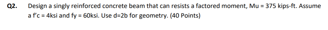 Solved Q2. Design a singly reinforced concrete beam that can | Chegg.com