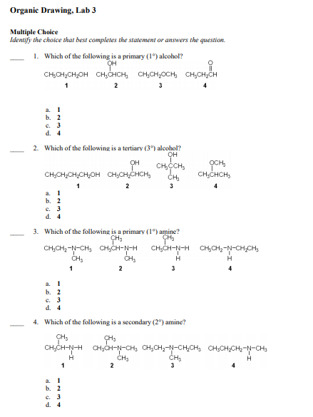 Solved Organic Drawing, Lab 3 Multiple Choice Identify the | Chegg.com