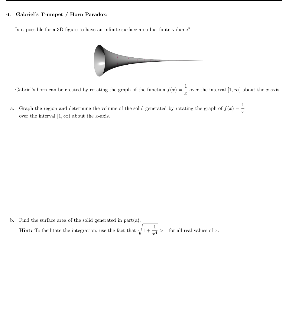 Solved 6. Gabriel's Trumpet/ Horn Paradox: Is it possible | Chegg.com