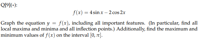 Solved Q9:f(x)=4sinx-2cos2xGraph the equation y=f(x), | Chegg.com