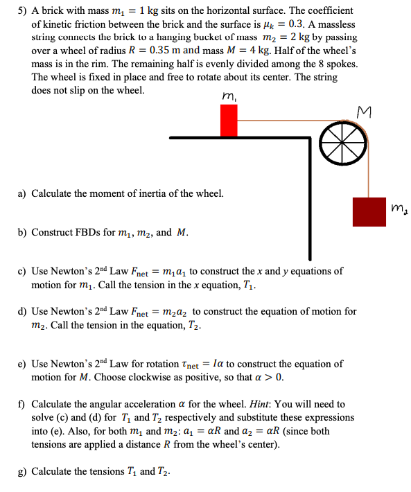 Solved 5) A brick with mass m1=1 kg sits on the horizontal | Chegg.com