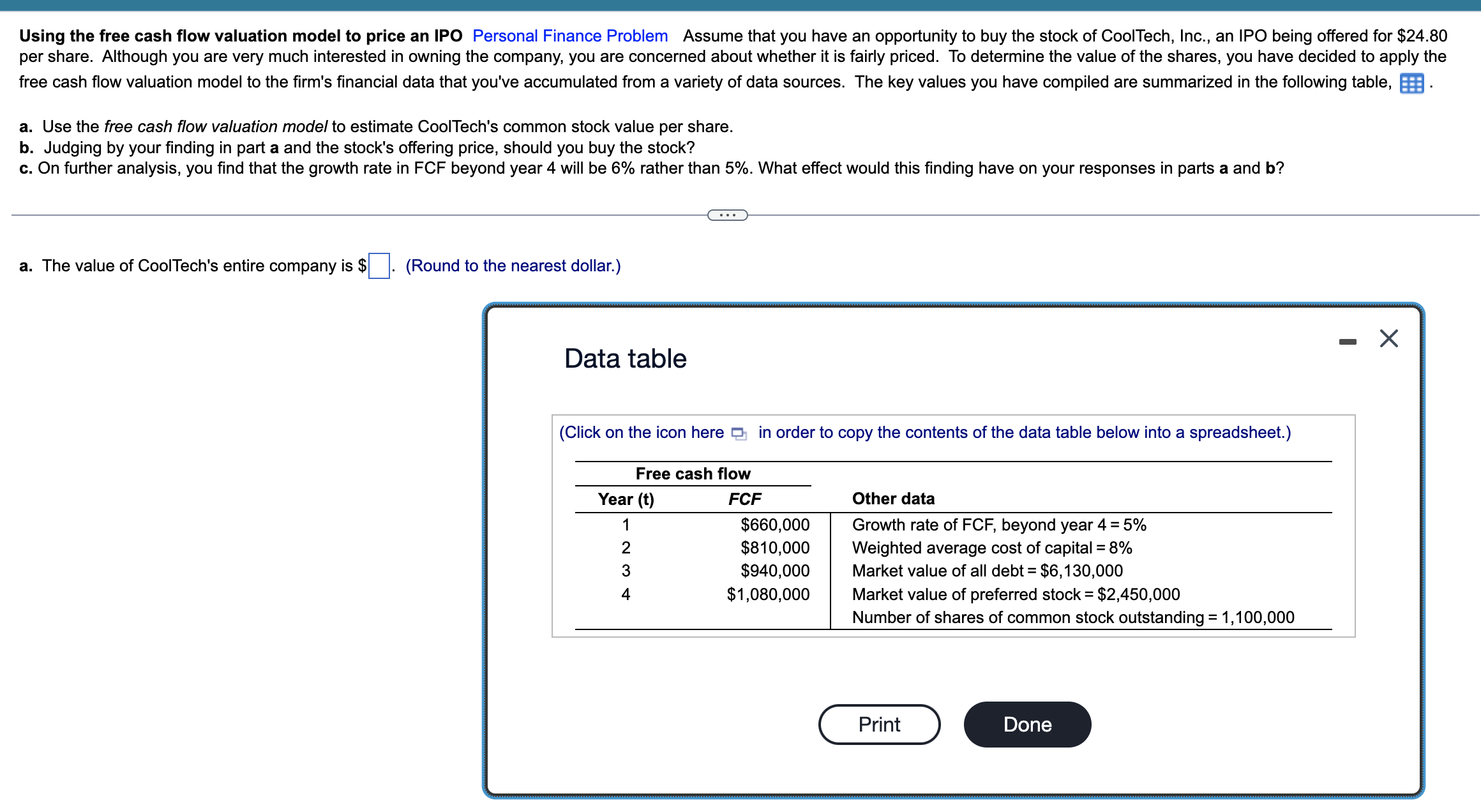 Solved Using the free cash flow valuation model to price an | Chegg.com