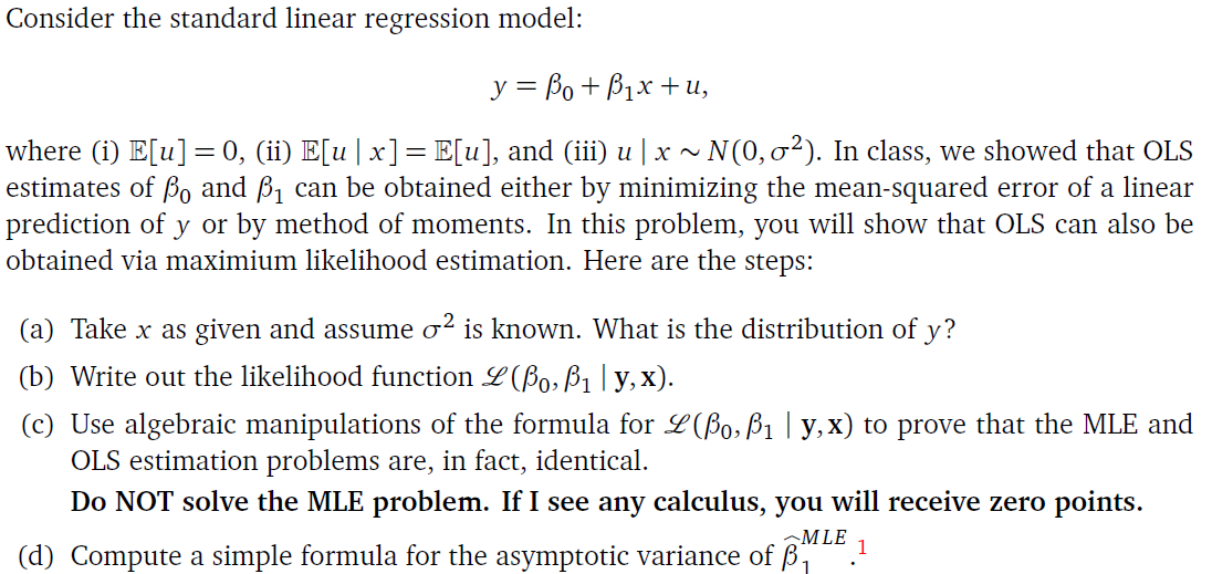 Solved Consider the standard linear regression model: y = !0 | Chegg.com