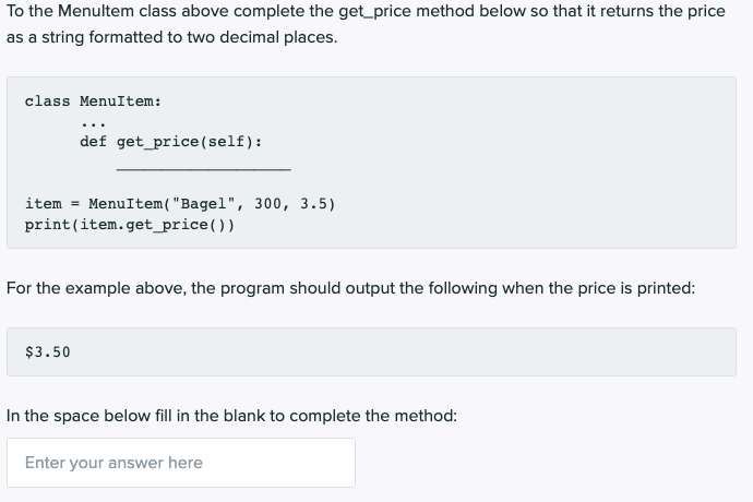 Solved To the Menultem class above complete the get_price | Chegg.com