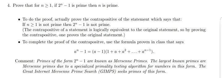 Solved 4. Prove that for n21, if 2n 1 is prime then n is | Chegg.com