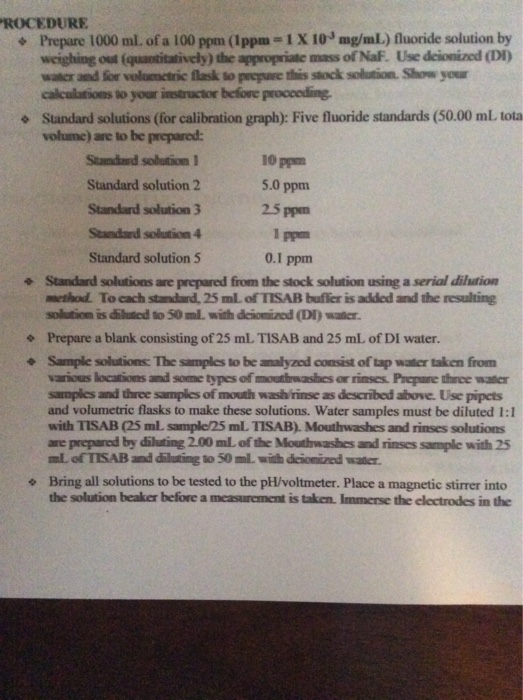 PROCEDURE Prepare 1000 ml, of a 100 ppm (1ppm- 1 x 10 | Chegg.com