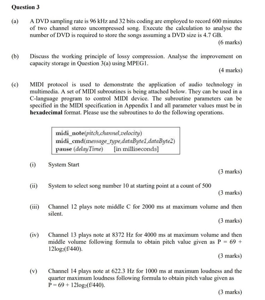 Solved Question 3 (a) A DVD sampling rate is 96 kHz and 32 | Chegg.com