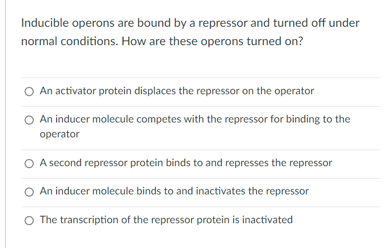 Solved Inducible operons are bound by a repressor and turned | Chegg.com