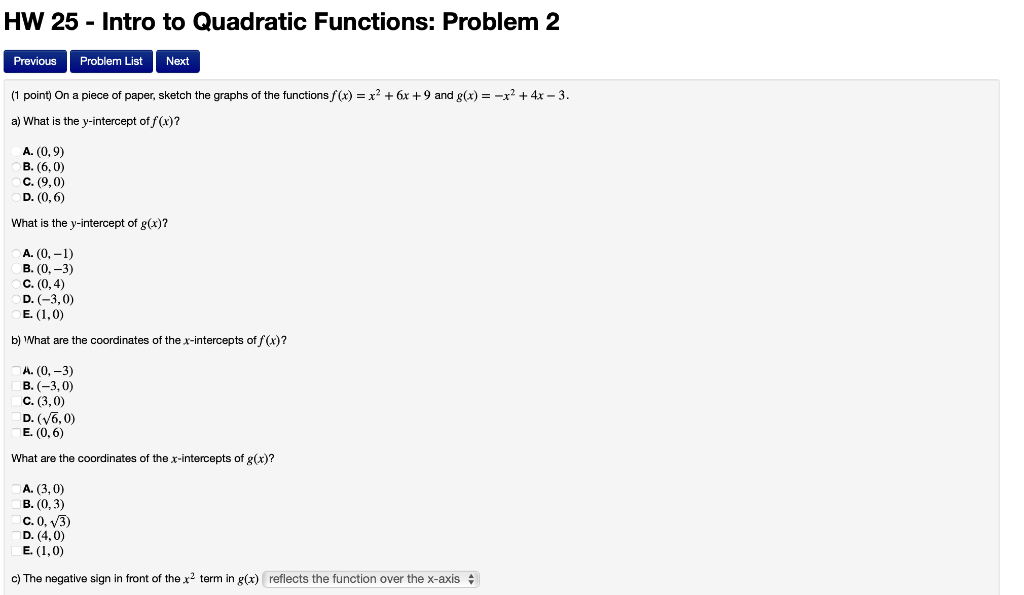 Solved HW 25 - Intro to Quadratic Functions: Problem 2 | Chegg.com