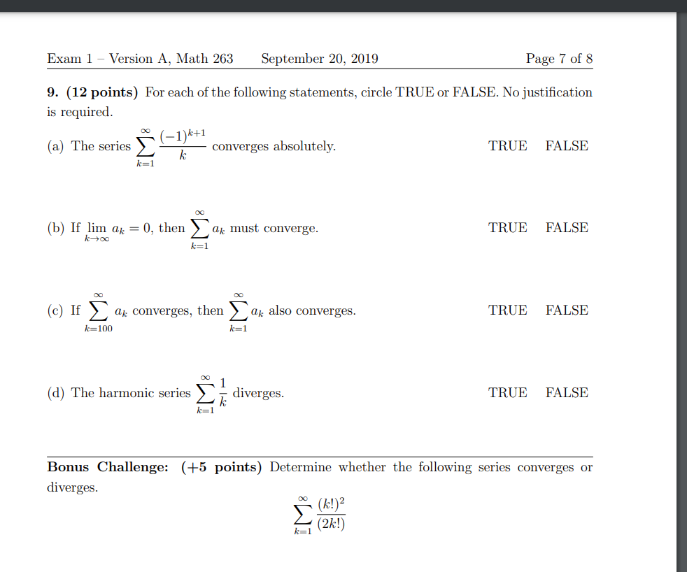 Solved 9. (12 points) For each of the following statements, | Chegg.com