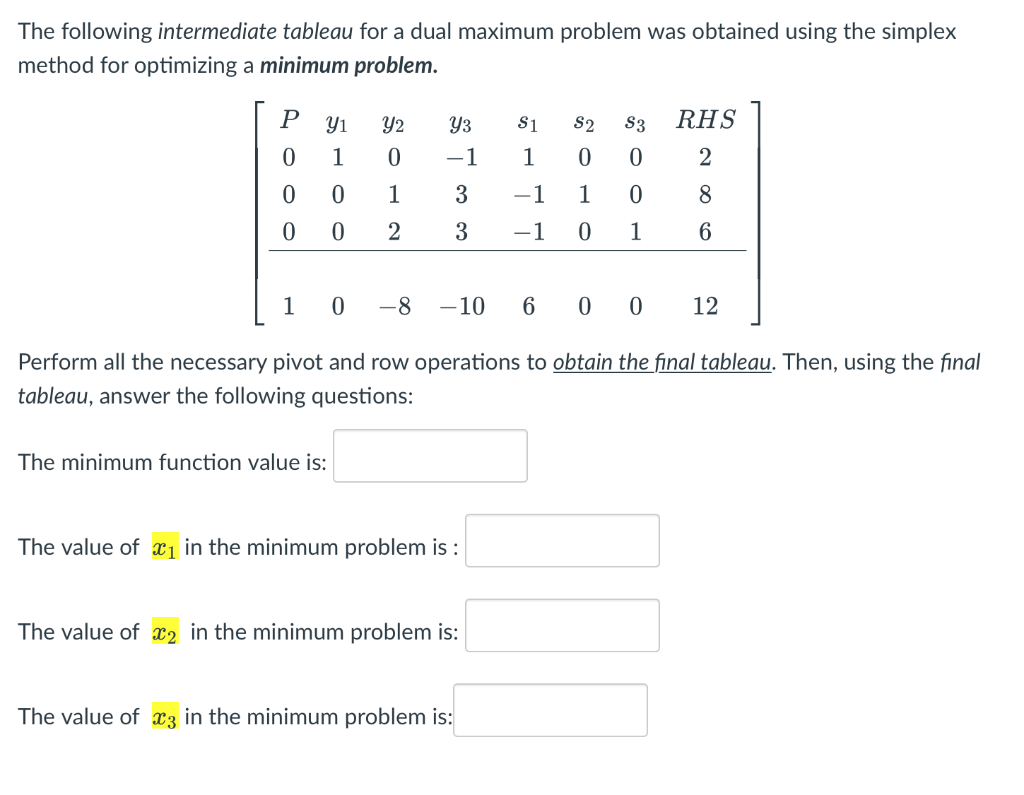 Solved The following intermediate tableau for a dual maximum | Chegg.com