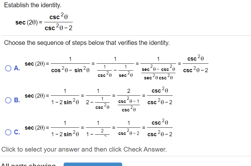 Solved Establish the identity. csc 20 sec (20) = csc20-2. | Chegg.com