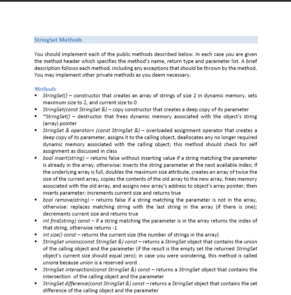 C++ only, Please have a StringSet.h and .cpp file. | Chegg.com