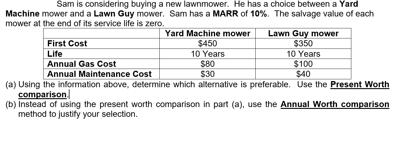 Solved Sam is considering buying a new lawnmower. He has a | Chegg.com