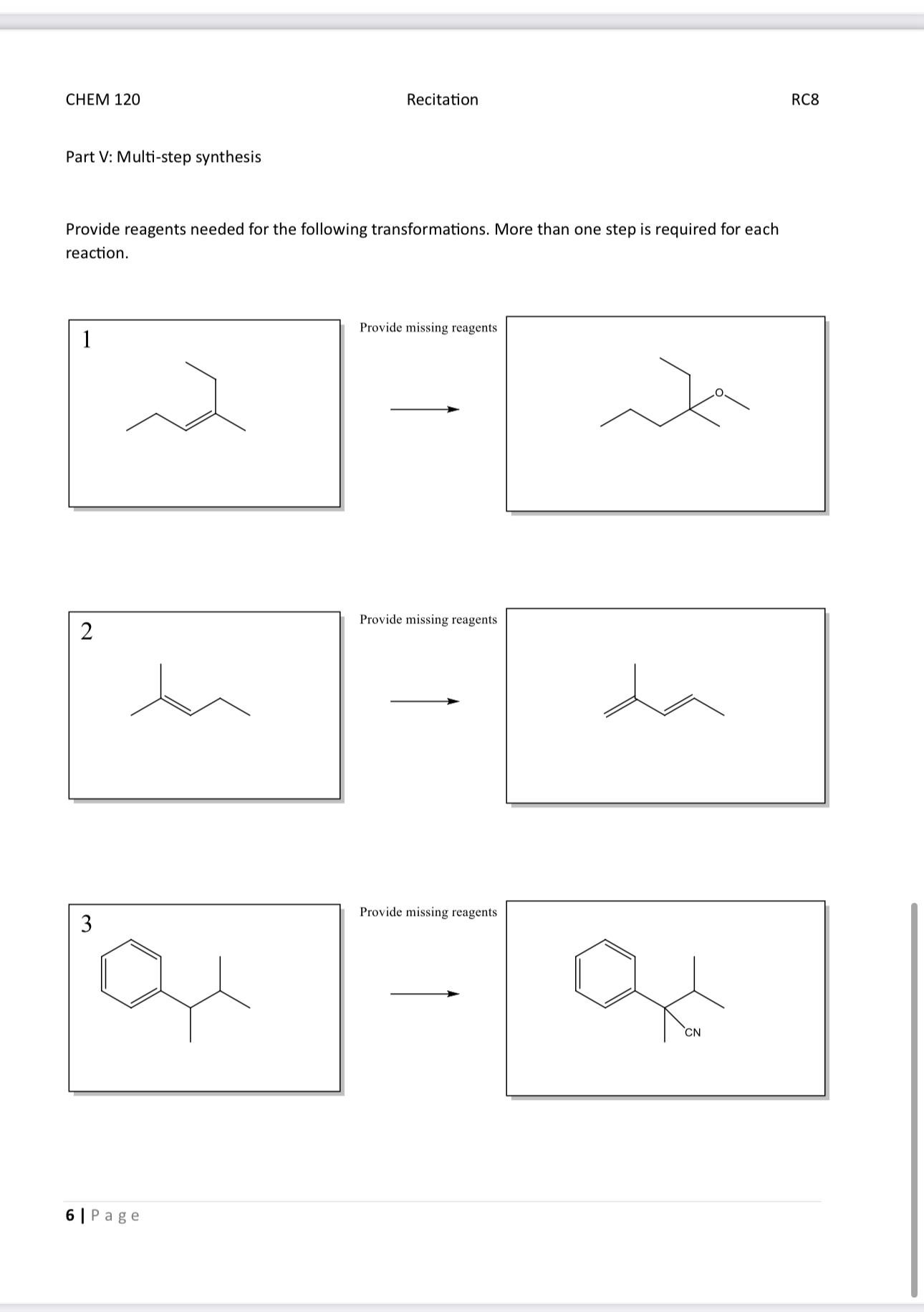 Part V: Multi-step synthesis Provide reagents needed | Chegg.com