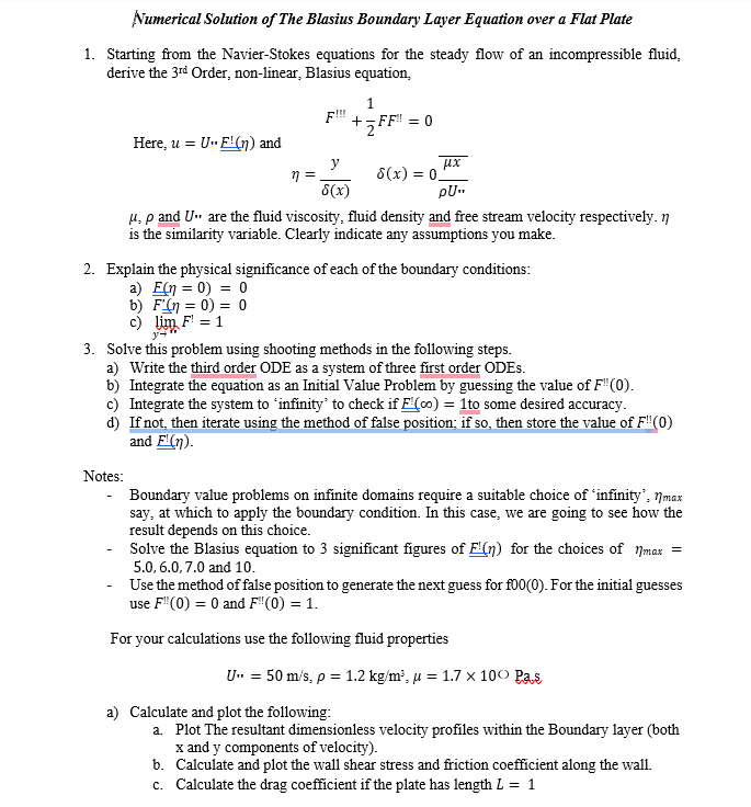 Numerical Solution of The Blasius Boundary Layer | Chegg.com