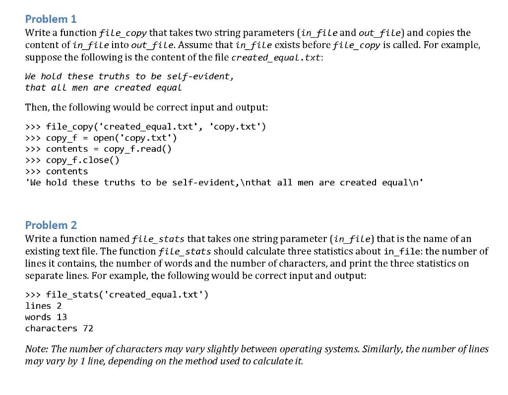 Problem 1 Write a function file_copy that takes two | Chegg.com