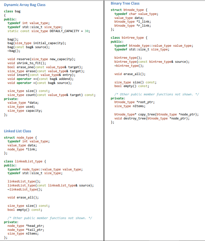 Dynamic Array Bag Class class bag Binary Tree Class | Chegg.com