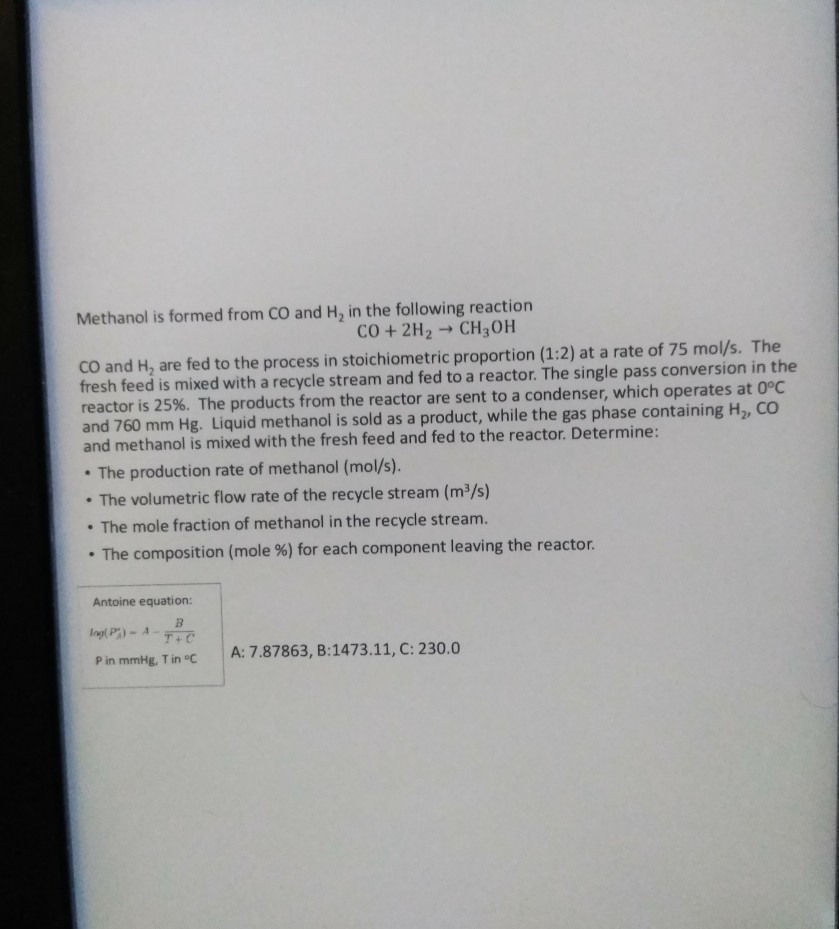 Solved Methanol is formed from CO and H2 in the following | Chegg.com