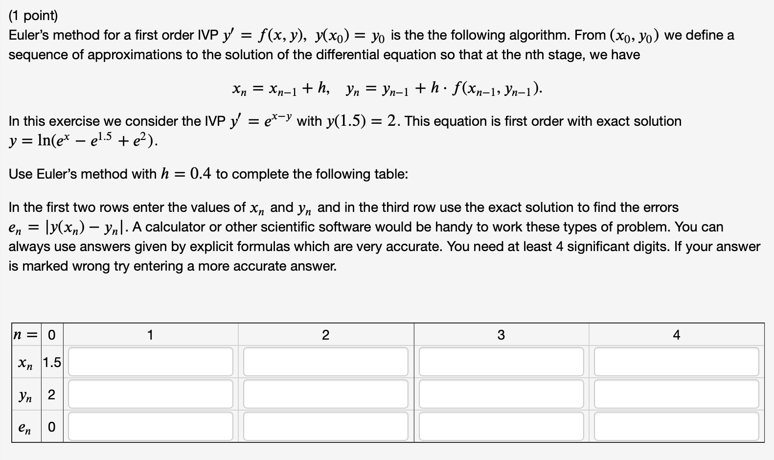 Solved (1 point) Euler's method for a first order IVP y' | Chegg.com