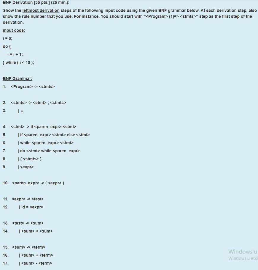 Solved BNF Derivation [ 35 pts.] ( 25 min.): Show the | Chegg.com