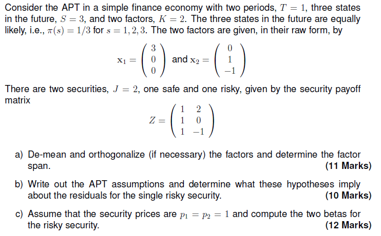 Solved Consider the APT in a simple finance economy with two | Chegg.com