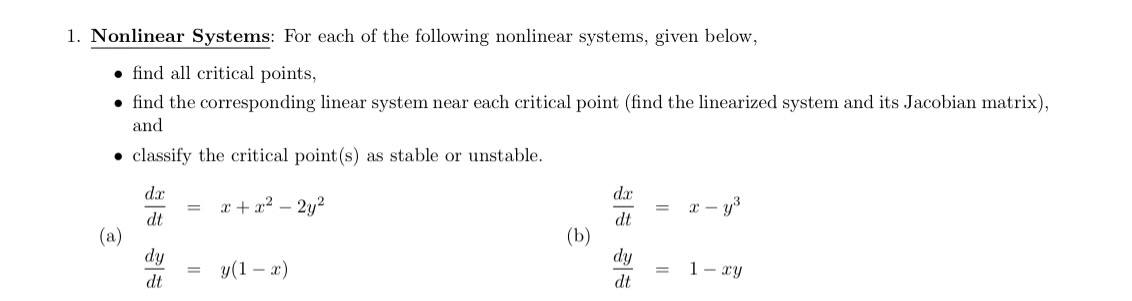 Solved 1. Nonlinear Systems: For each of the following | Chegg.com