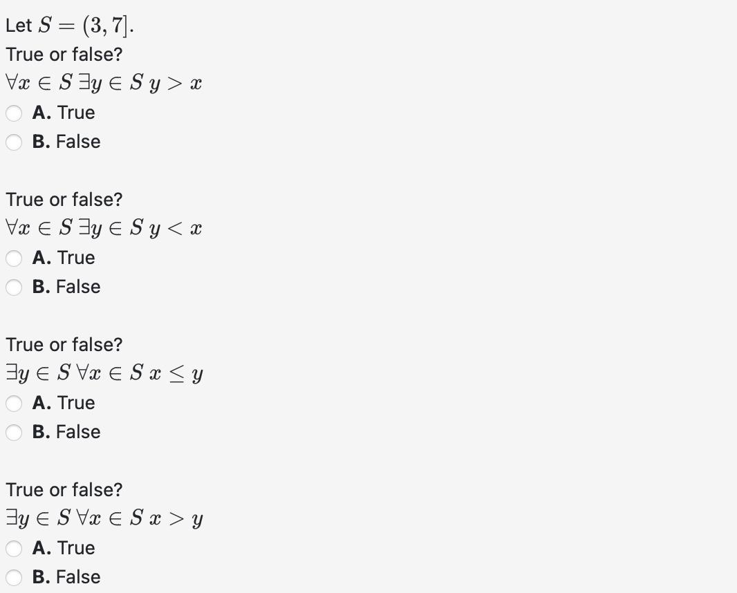 Solved Let S 3 7] True Or False ∀x∈s∃y∈sy X A True B