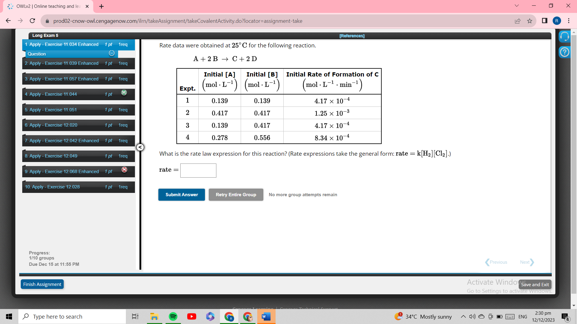 Solved Rate data were obtained at 25∘C for the following | Chegg.com