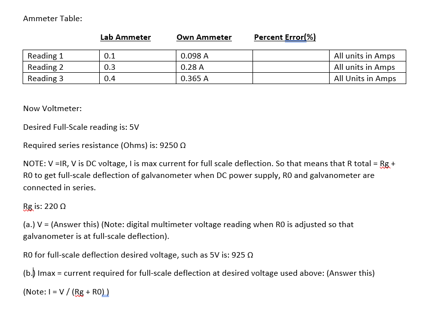 Solved Ammeter Table: Lab Ammeter Own Ammeter Percent | Chegg.com